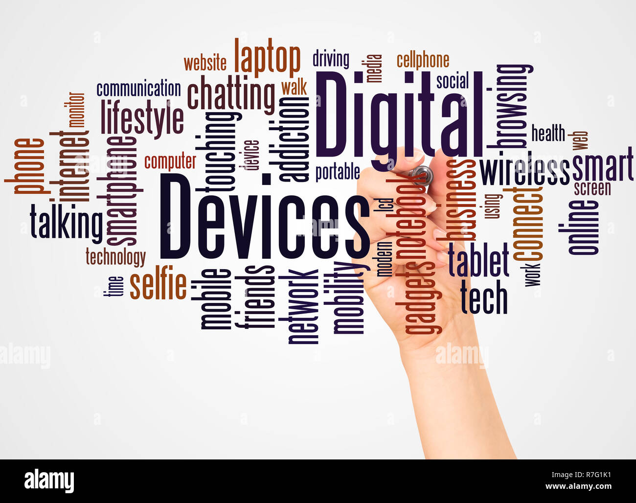Digital Devices word cloud and hand with marker concept on white ...