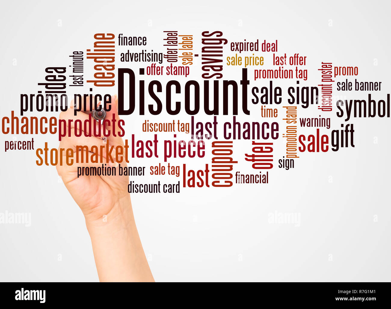Discount word cloud and hand with marker concept on white background ...
