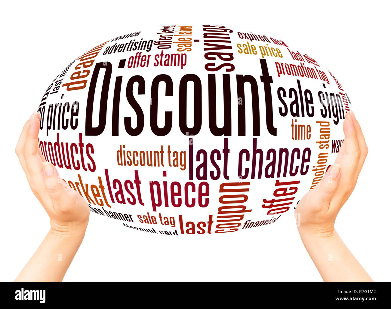 Discount word cloud hand sphere concept on white background Stock Photo ...