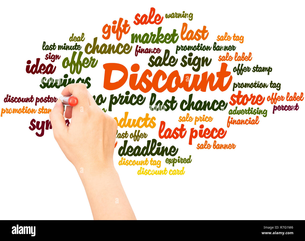 Discount word cloud hand writing concept on white background Stock ...