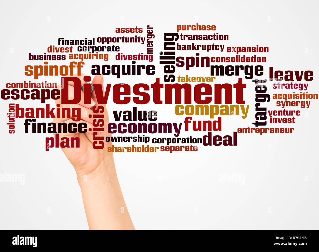 Divestment word cloud and hand with marker concept on white background ...
