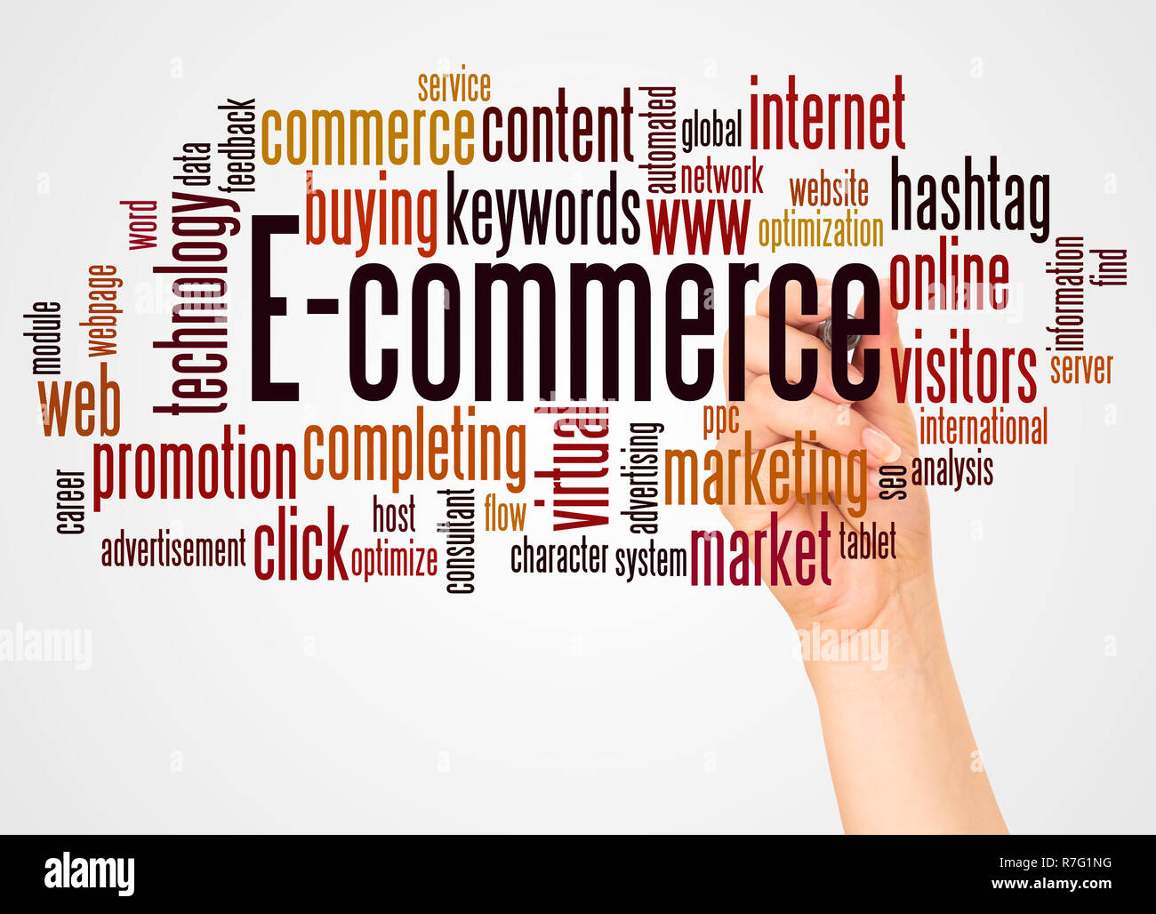 E-commerce word cloud and hand with marker concept on white background ...