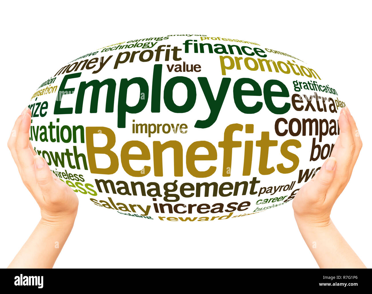 Employee benefits word cloud hand sphere concept on white background ...
