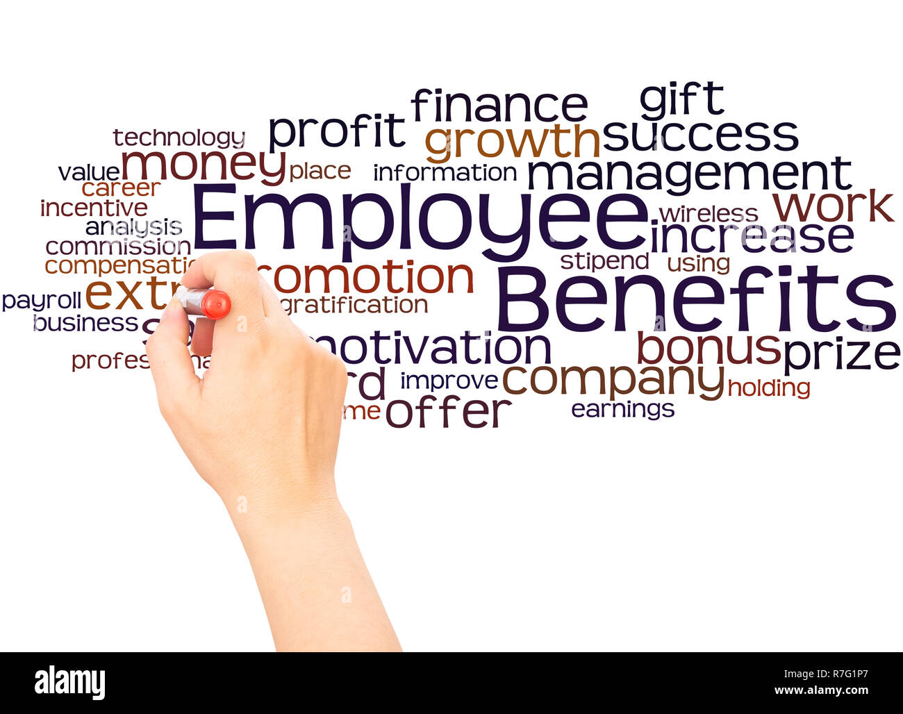 Employee benefits word cloud hand writing concept on white background ...