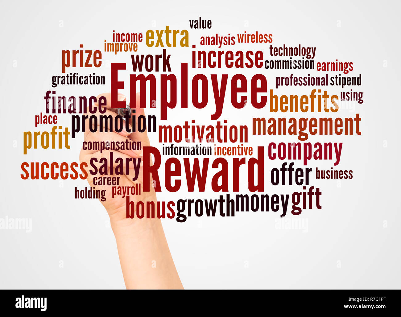 Employee reward word cloud and hand with marker concept on white ...