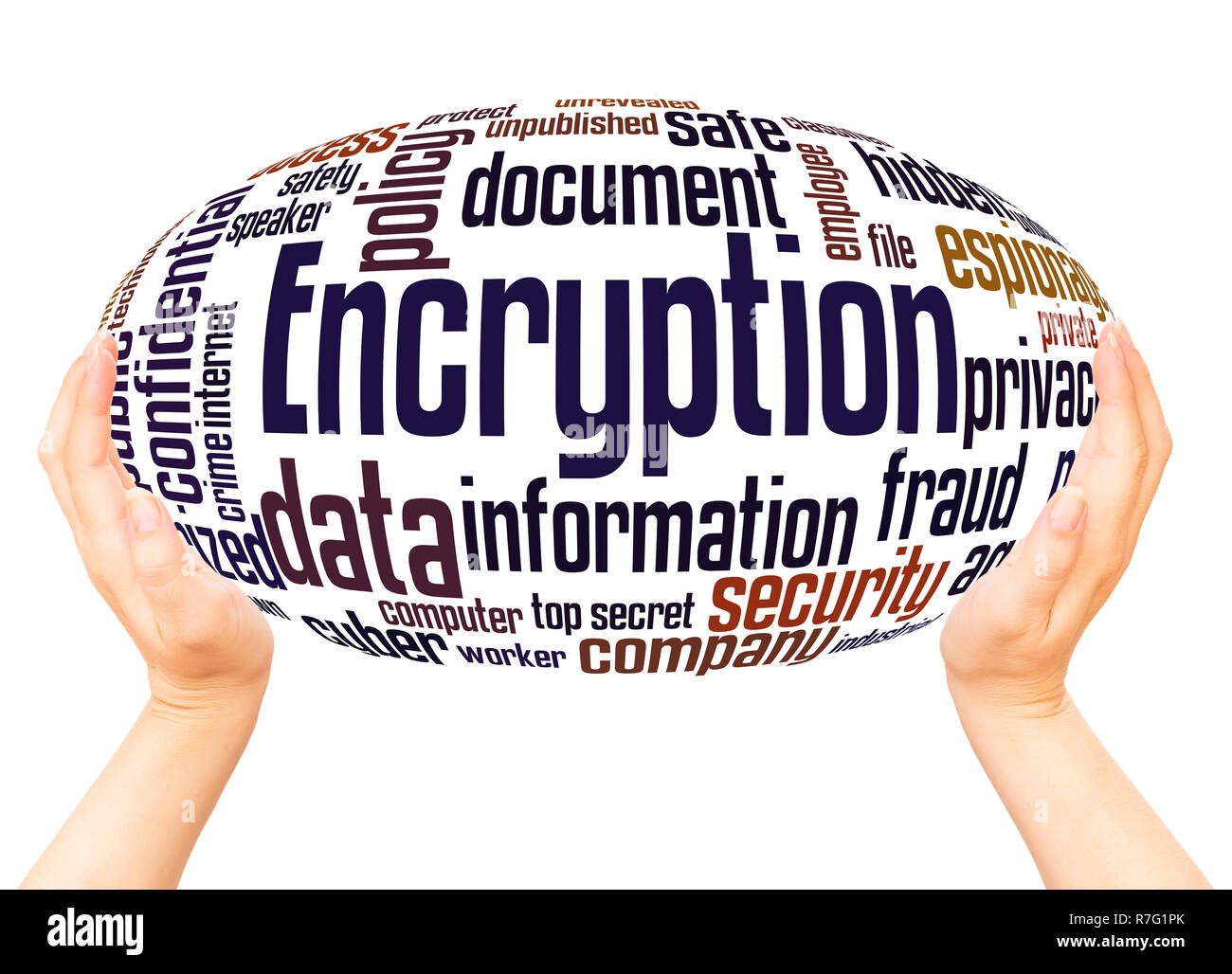 Encryption Word Cloud Hand Sphere Concept On White Background Stock