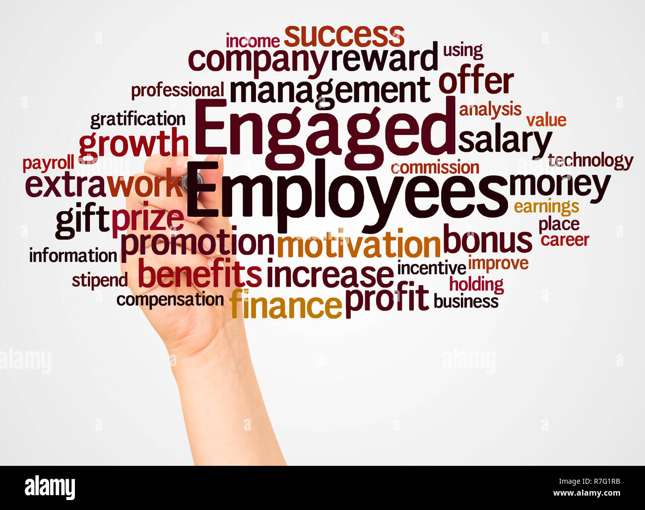Engaged employees word cloud and hand with marker concept on white ...