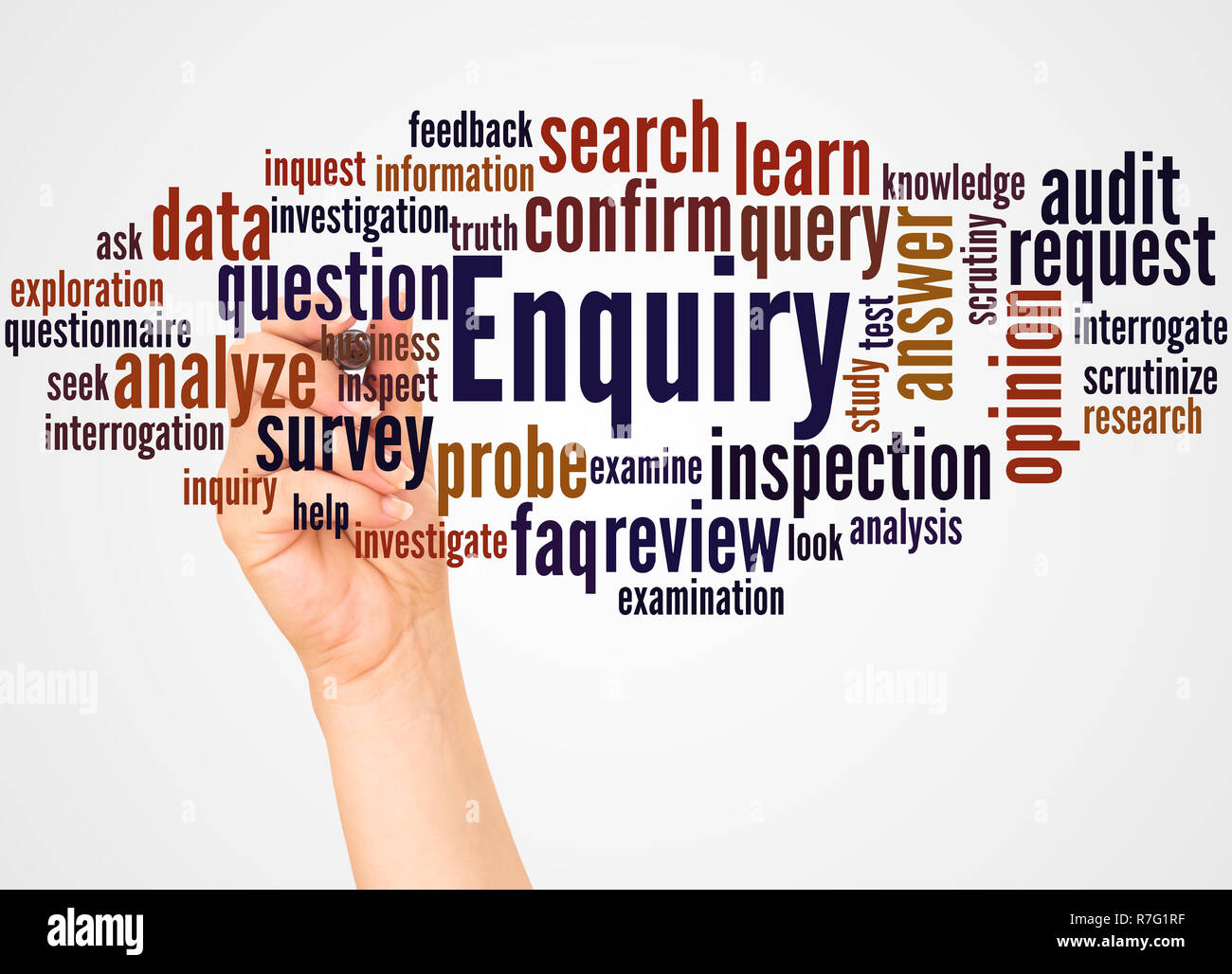 Enquiry word cloud and hand with marker concept on white background ...
