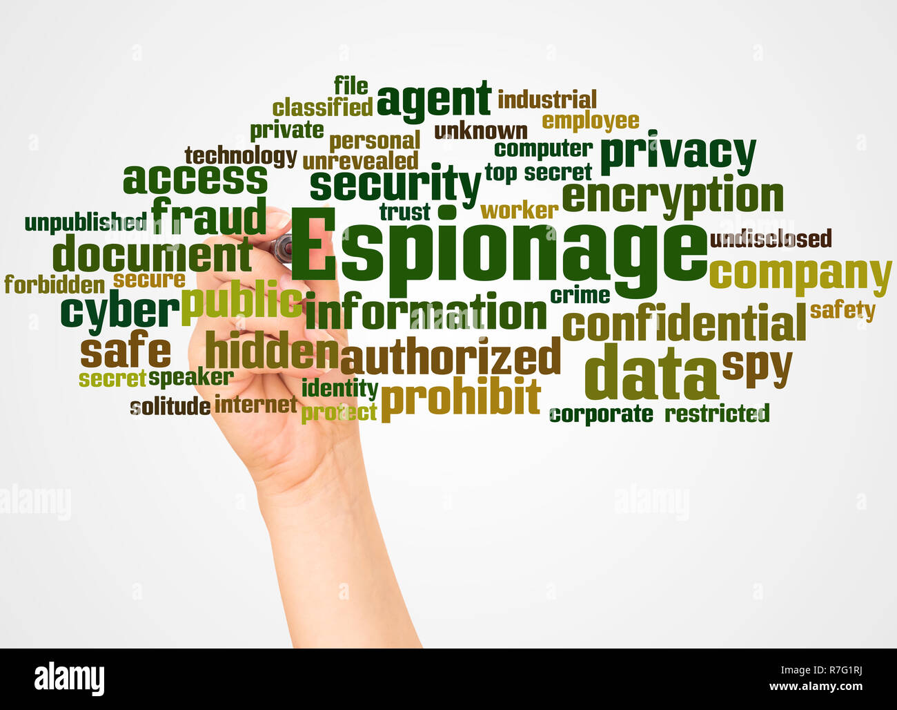 Espionage word cloud and hand with marker concept on white background ...
