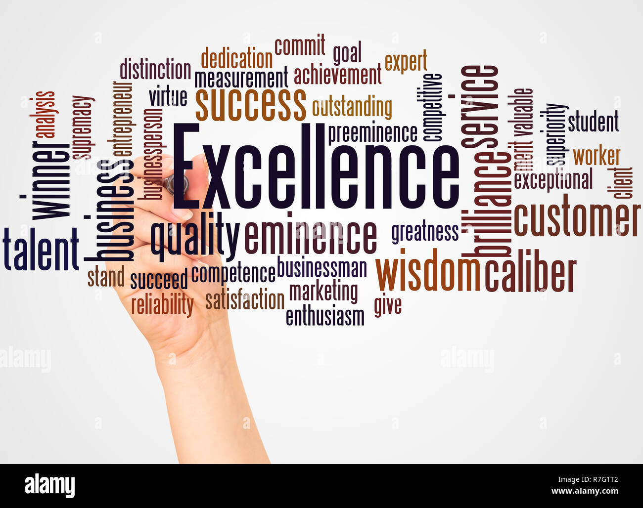 Excellence word cloud and hand with marker concept on white background ...