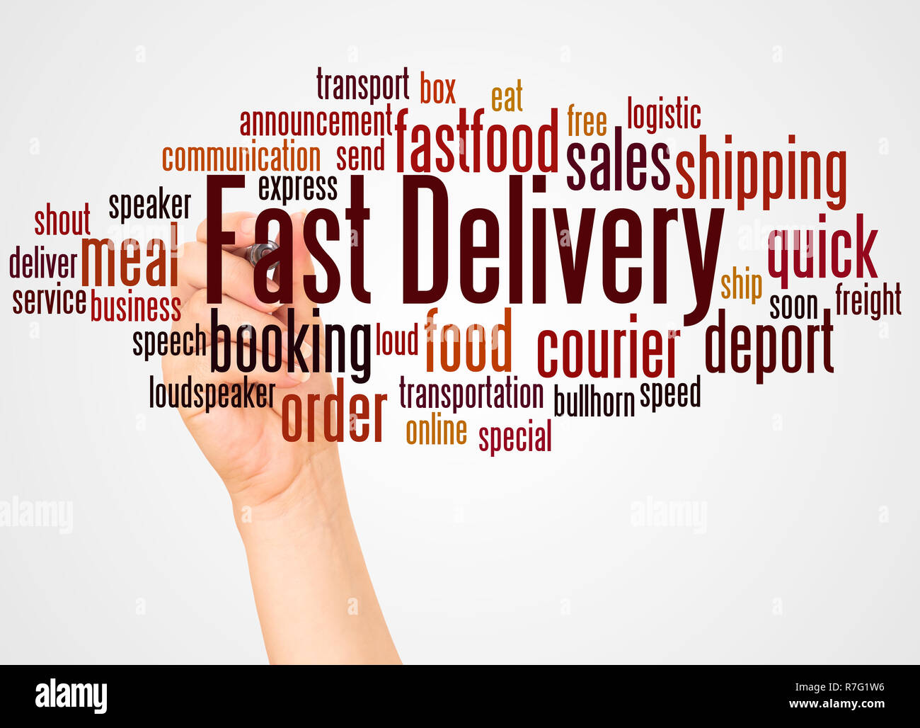 Fast Delivery word cloud and hand with marker concept on white ...