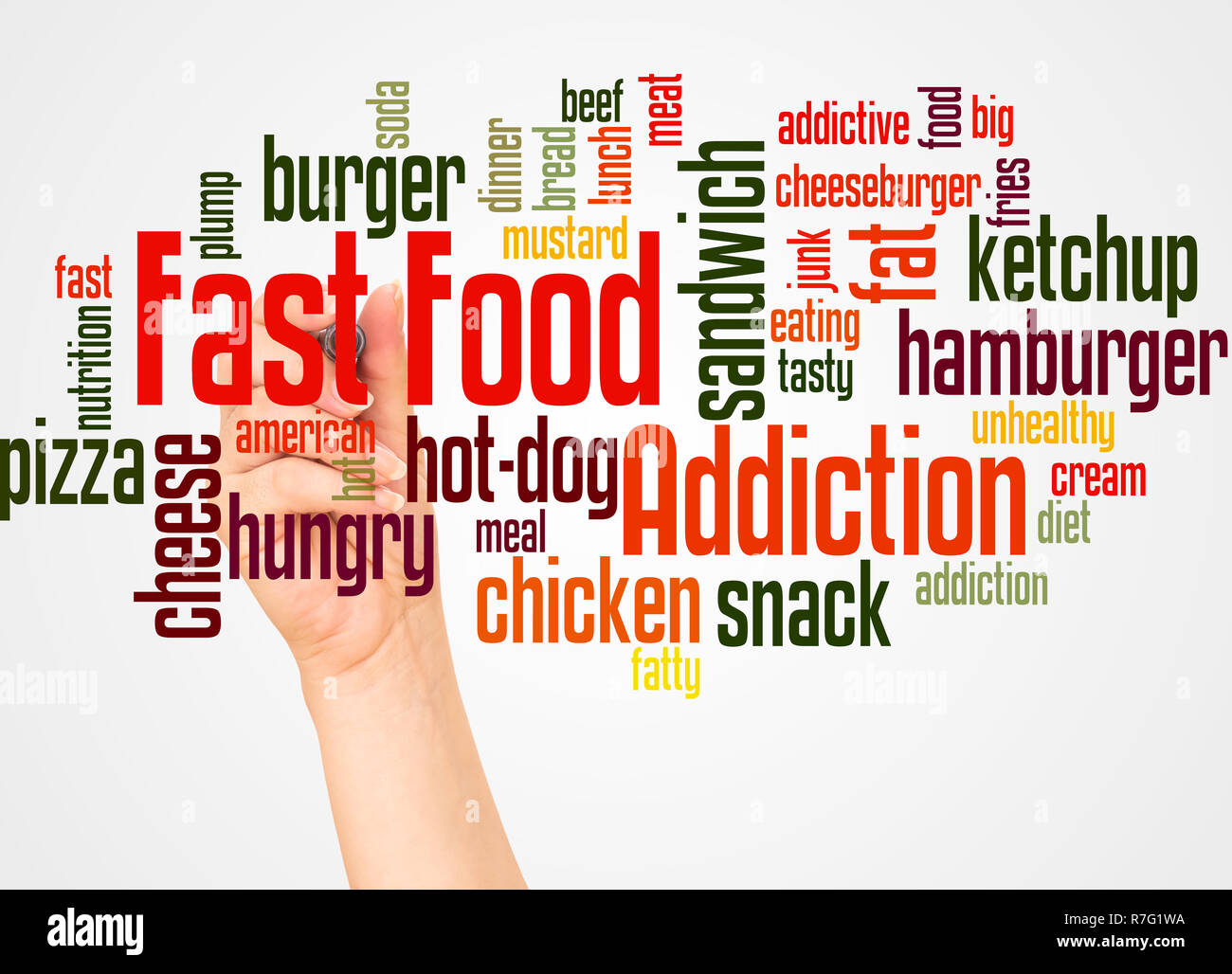 Fast food addiction word cloud and hand with marker concept on white ...