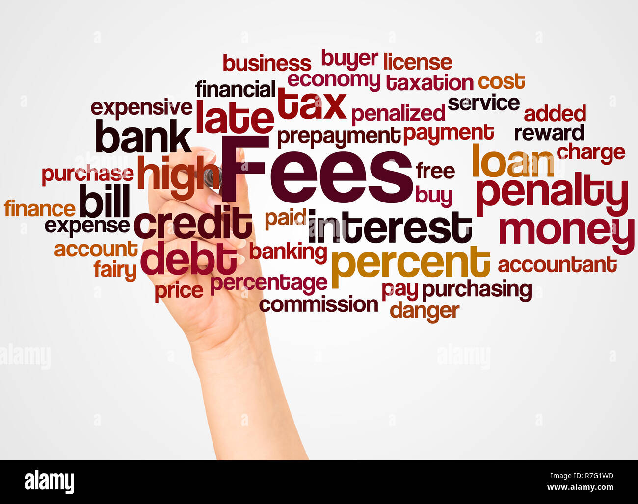 Fees word cloud and hand with marker concept on white background Stock ...