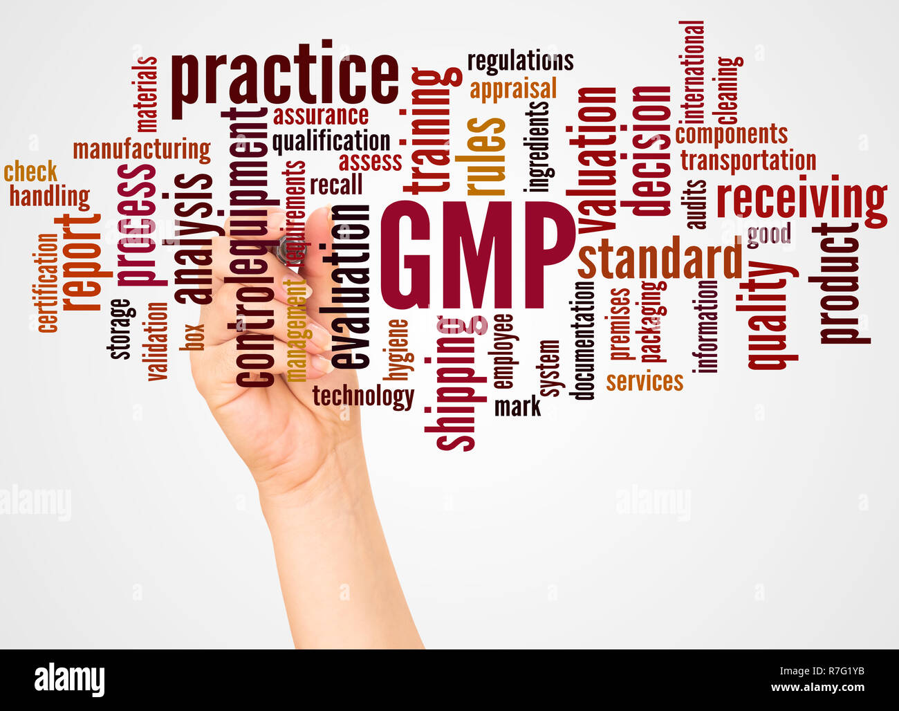 GMP - Good Manufacturing Practice, word cloud and hand with marker concept on white background ...