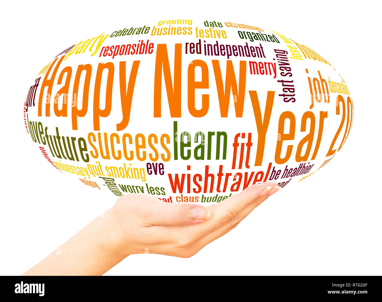 Happy New Year 20 word cloud typography sphere concept on white ...