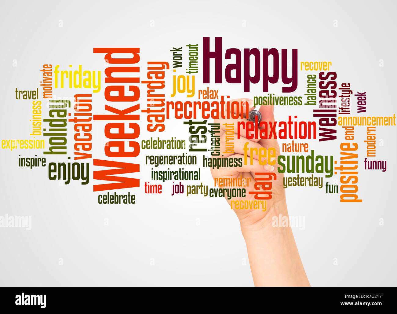 Happy Weekend word cloud and hand with marker concept on white ...