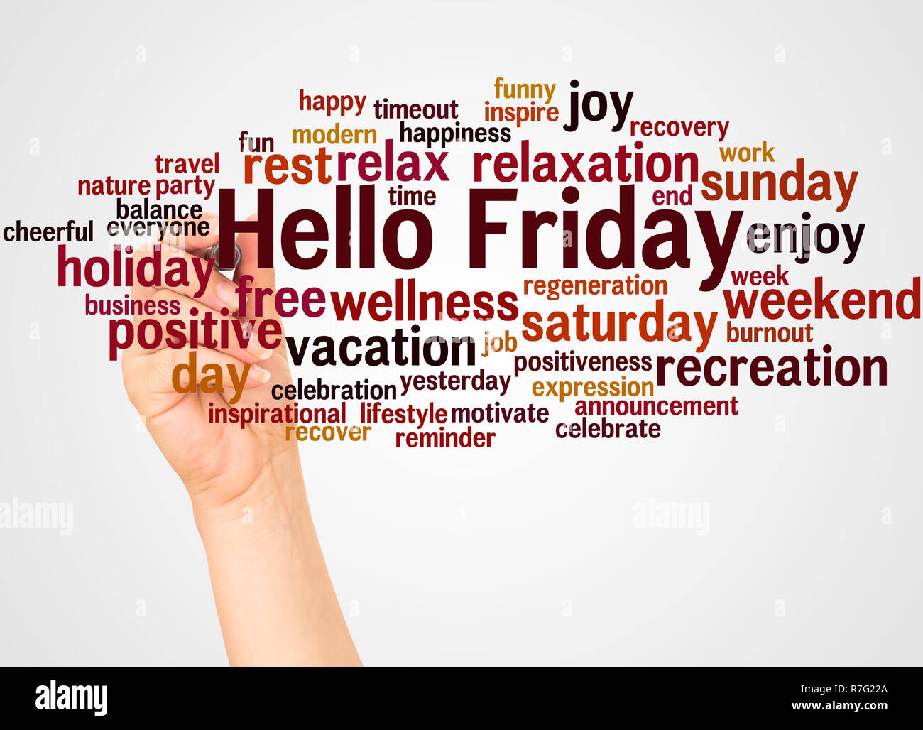 Hello Friday word cloud and hand with marker concept on white ...