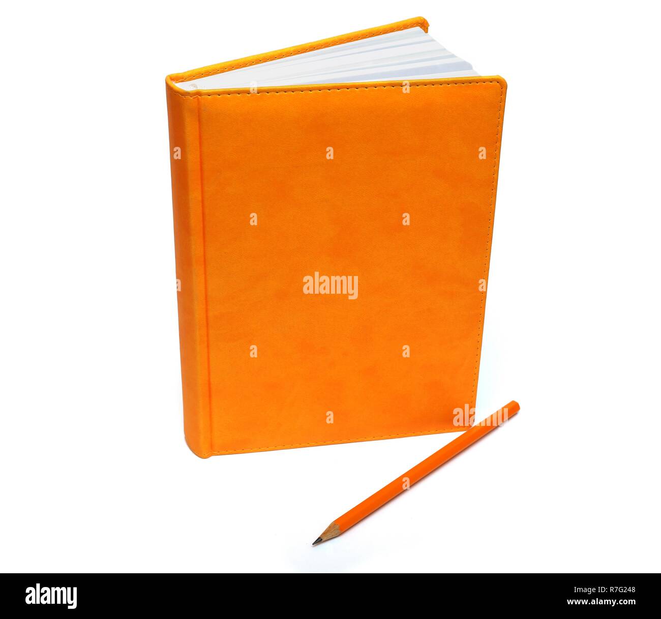 orange notebook and pencil isolated on a white background Stock Photo ...