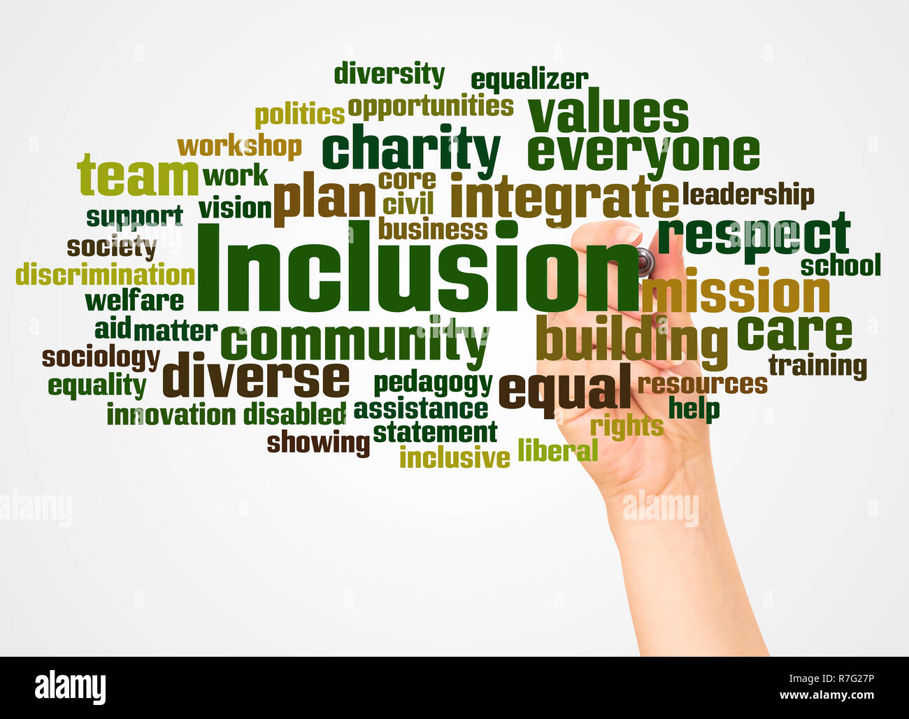 Inclusion word cloud hand and hand with marker on white background ...