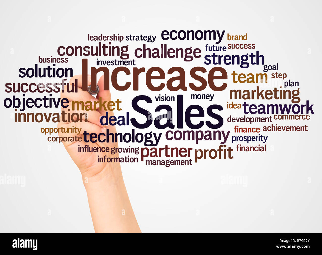 Increase Sales word cloud and hand with marker concept on white ...