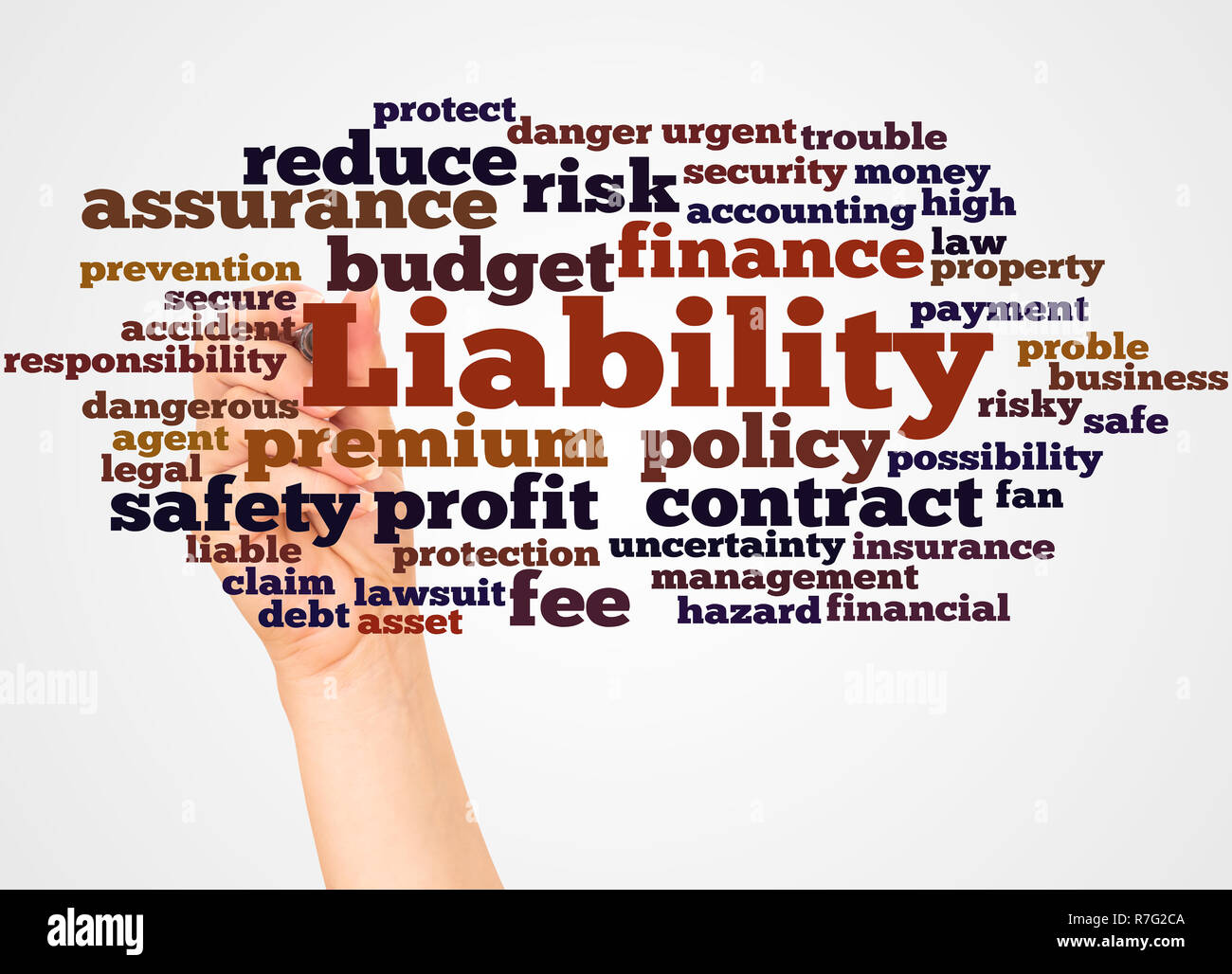 Liability word cloud and hand with marker concept on white background ...