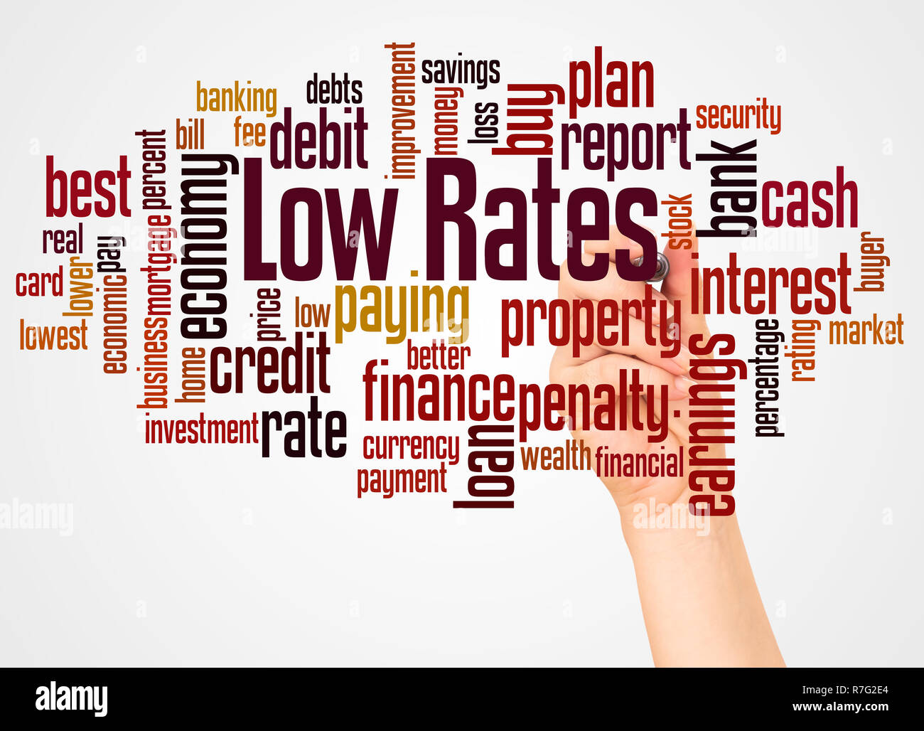 Low Rates word cloud and hand with marker concept on white background ...