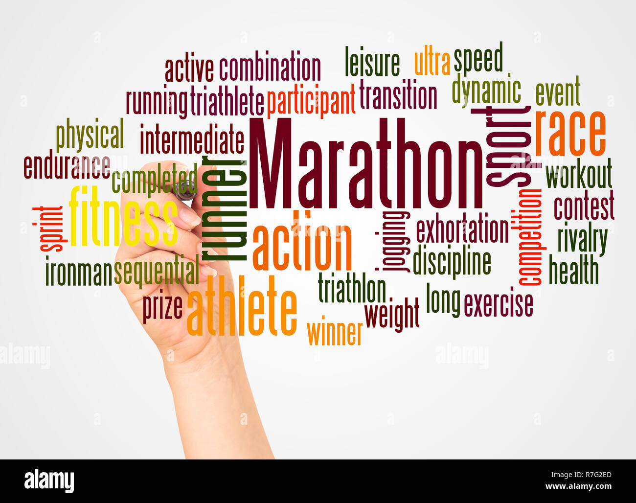 Marathon word cloud and hand with marker concept on white background ...
