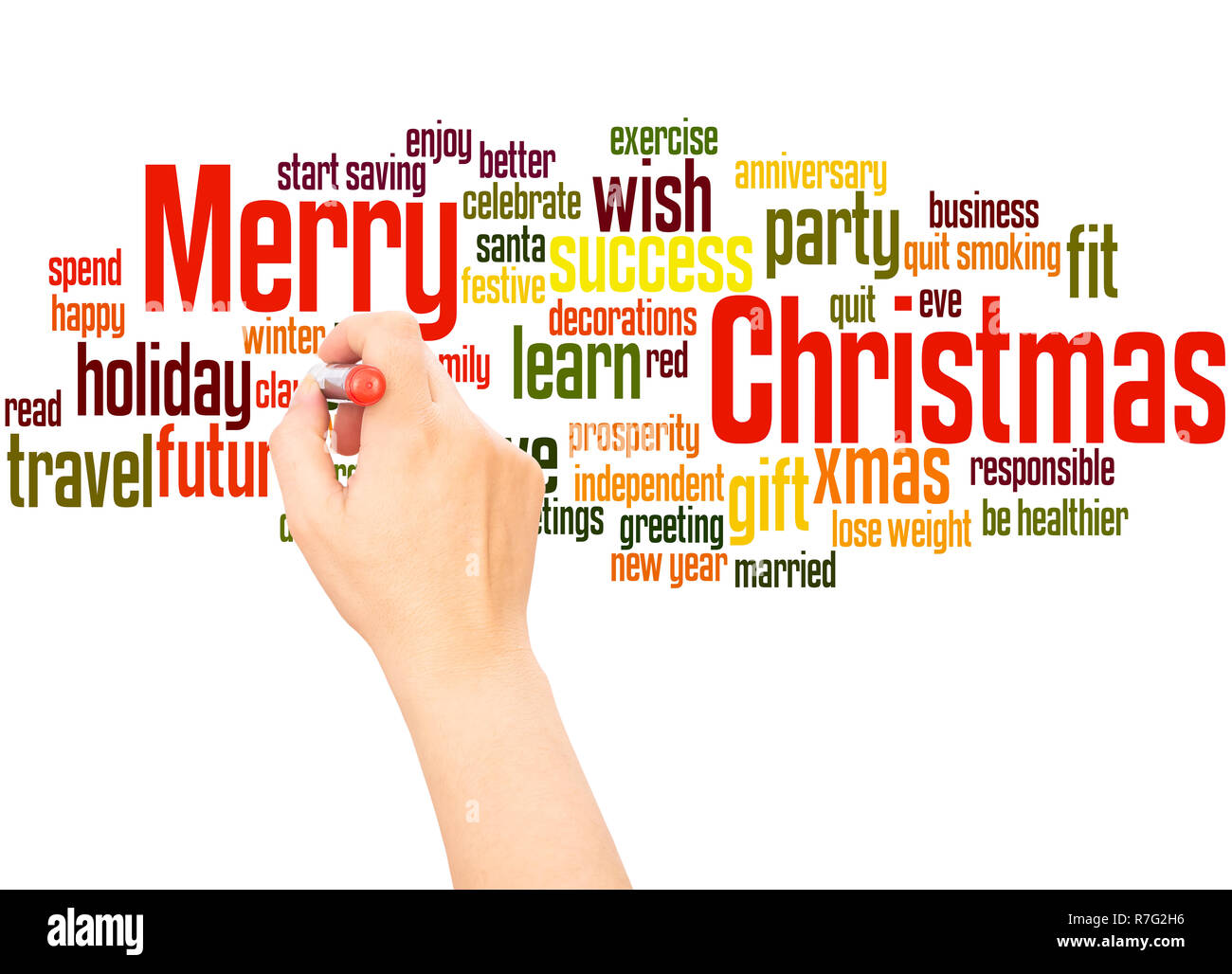 Merry Christmas word cloud hand writing concept on white background ...