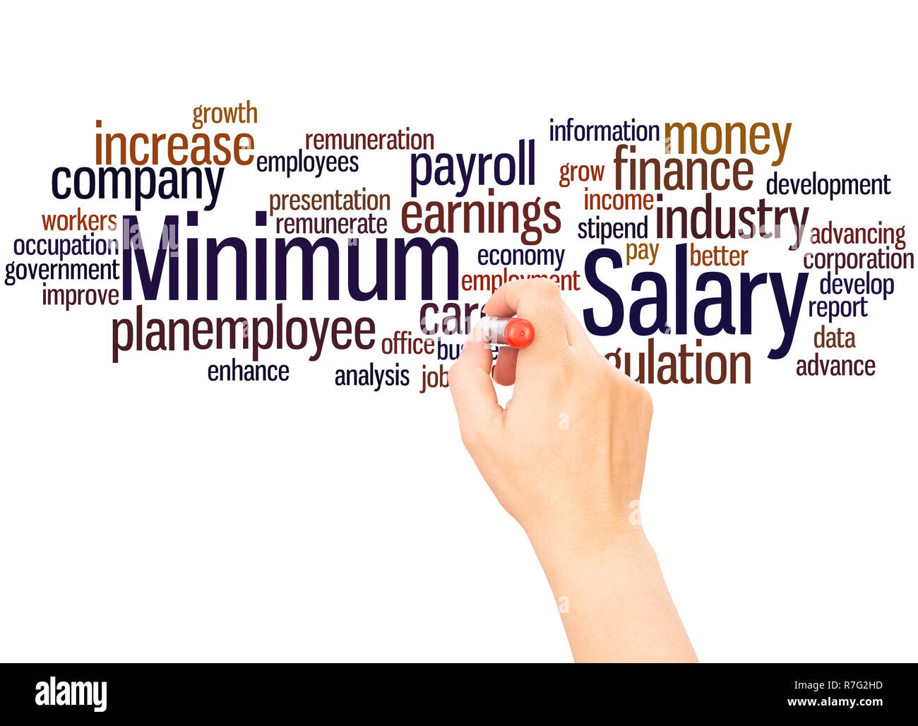 Minimum salary word cloud hand writing concept on white background ...