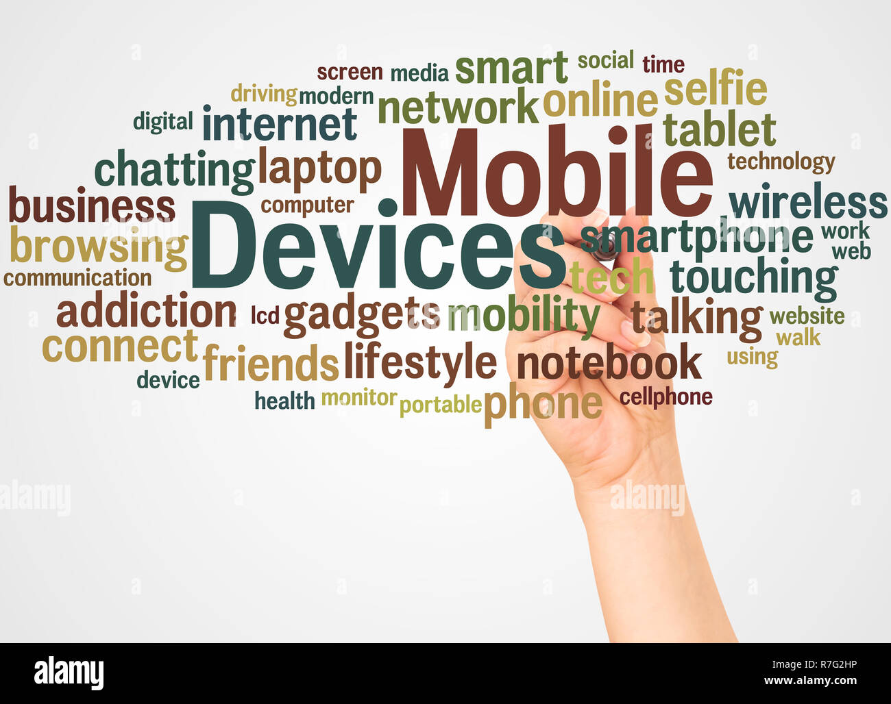Mobile devices word cloud and hand with marker concept on white ...