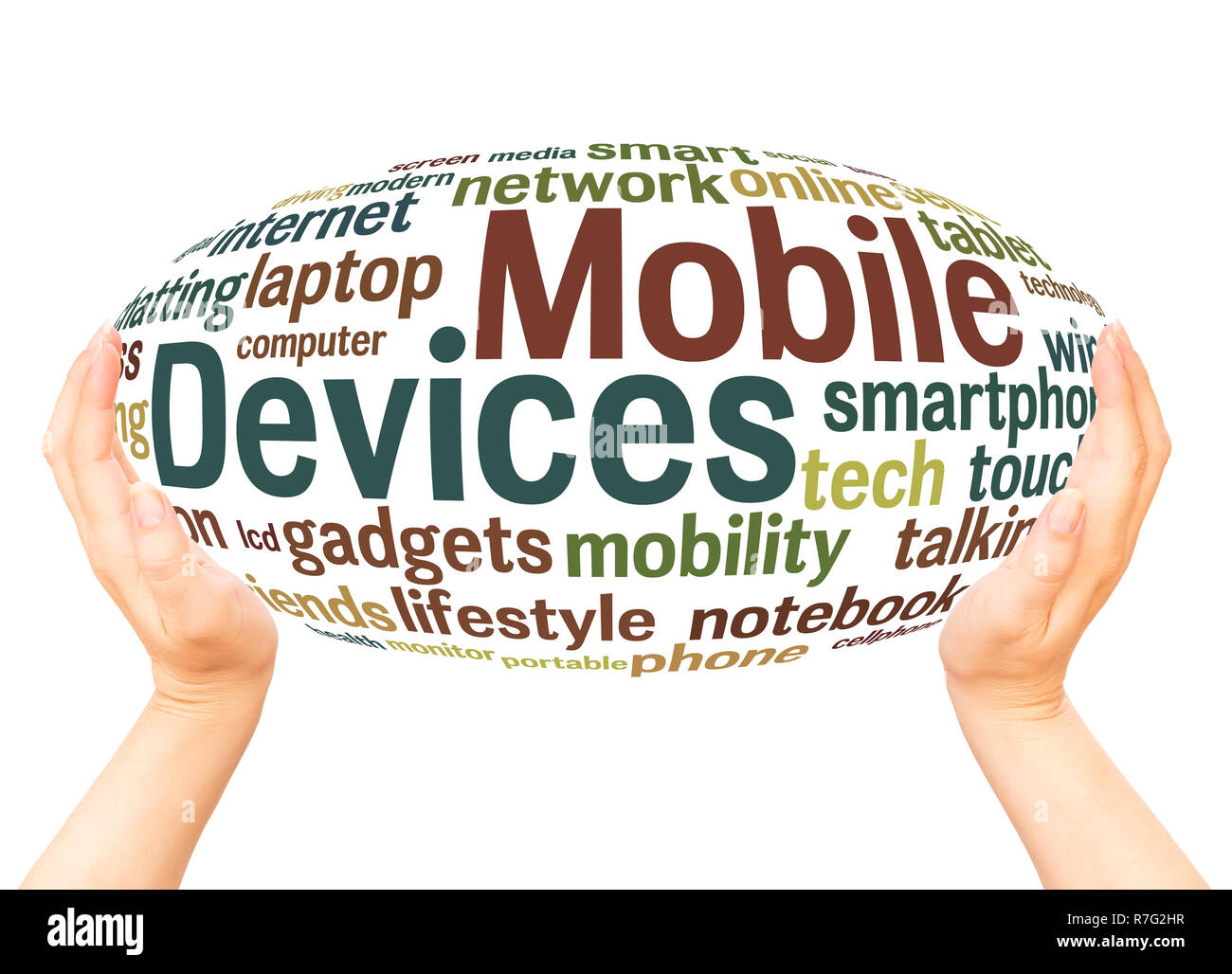 Mobile devices word cloud hand sphere concept on white background Stock ...