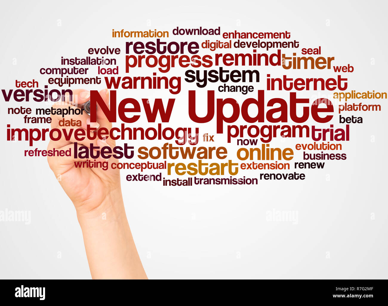 New Update word cloud and hand with marker concept on white background ...
