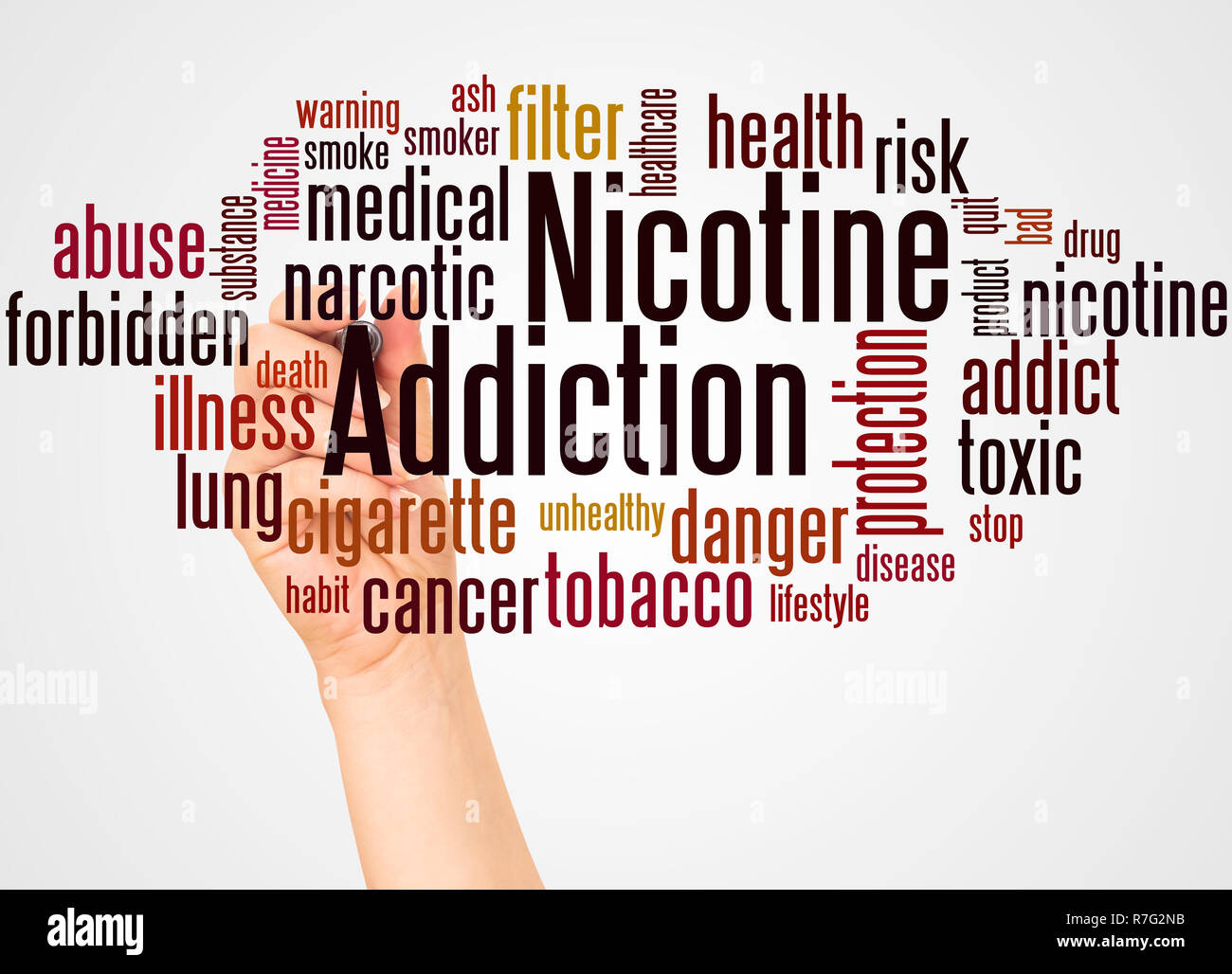 Nicotine addiction word cloud and hand with marker concept on white ...