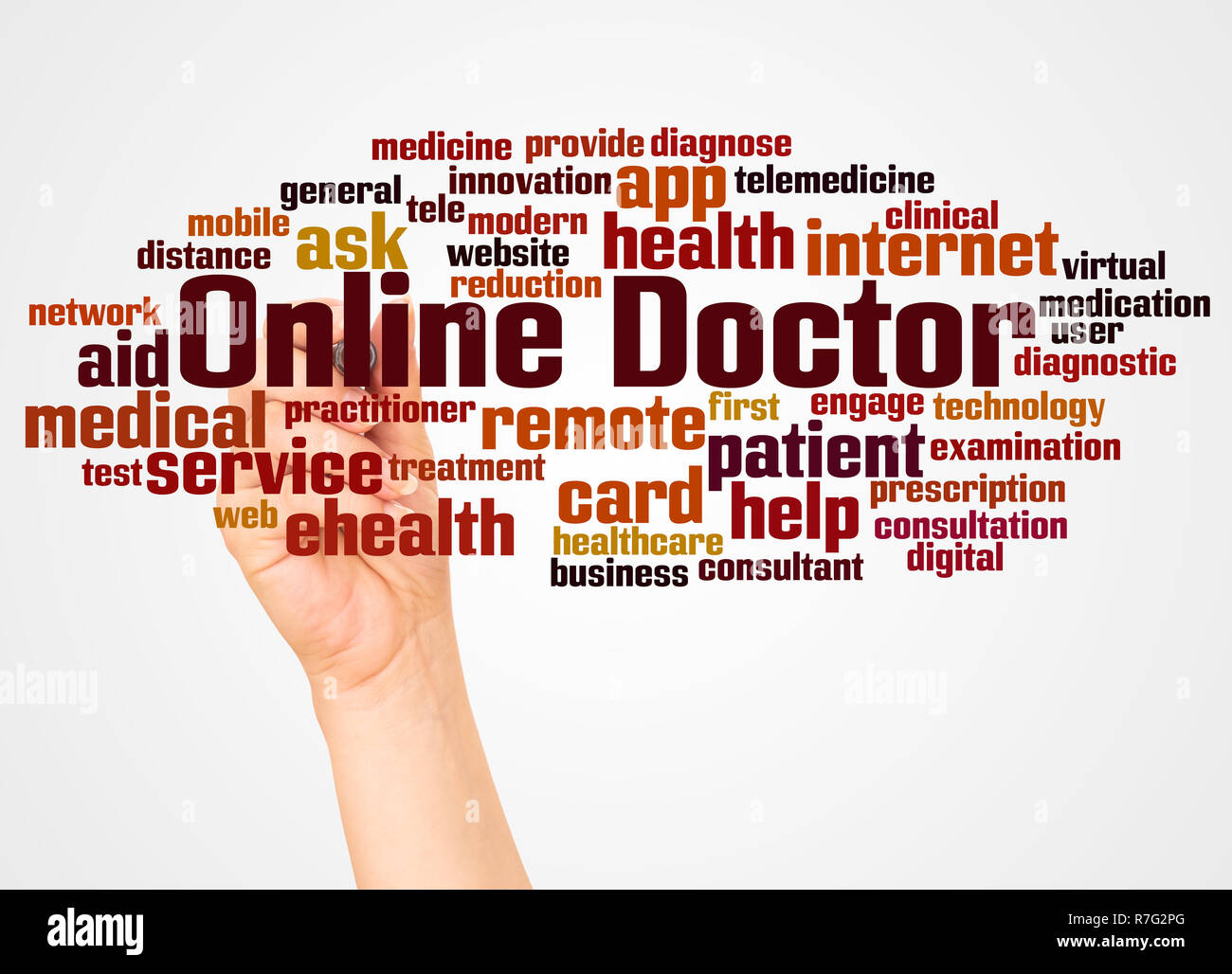Online Doctor word cloud and hand with marker concept on white ...