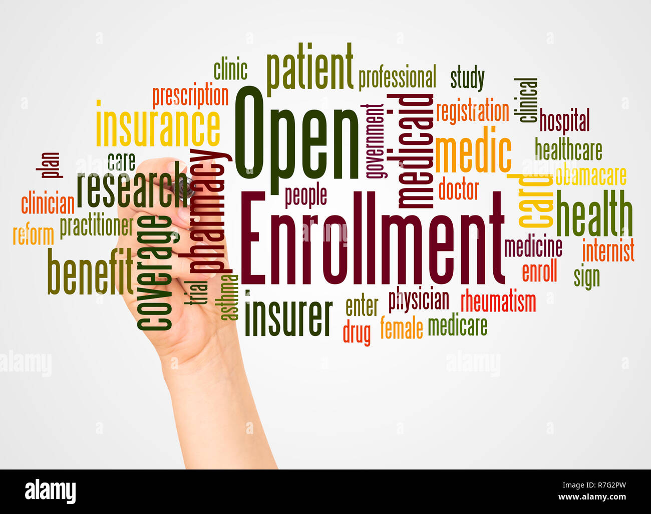 Open Enrollment word cloud and hand with marker concept on white ...