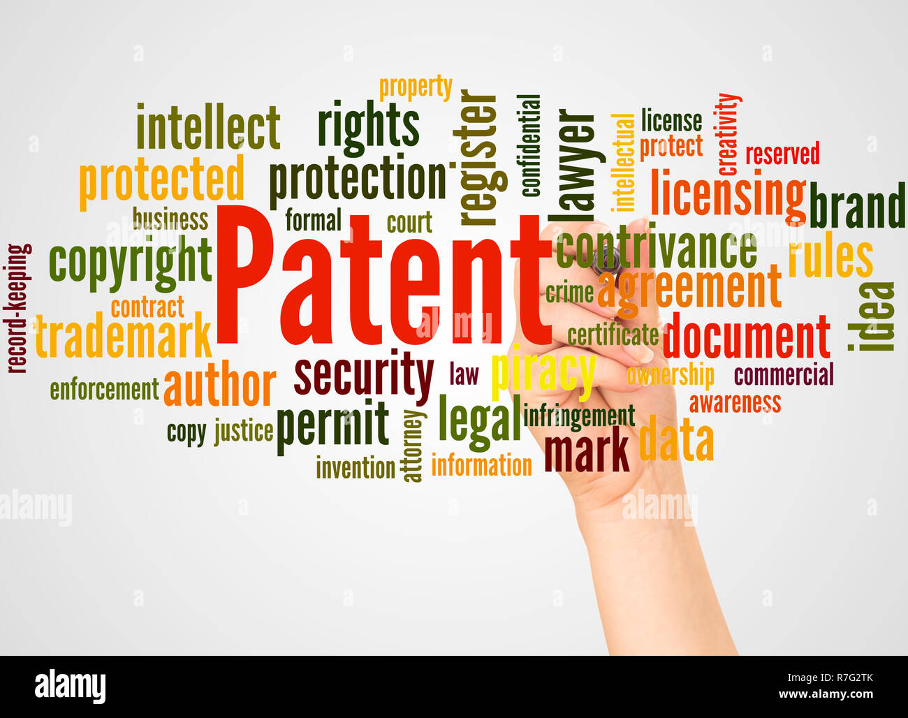 Patent word cloud and hand with marker concept on white background ...