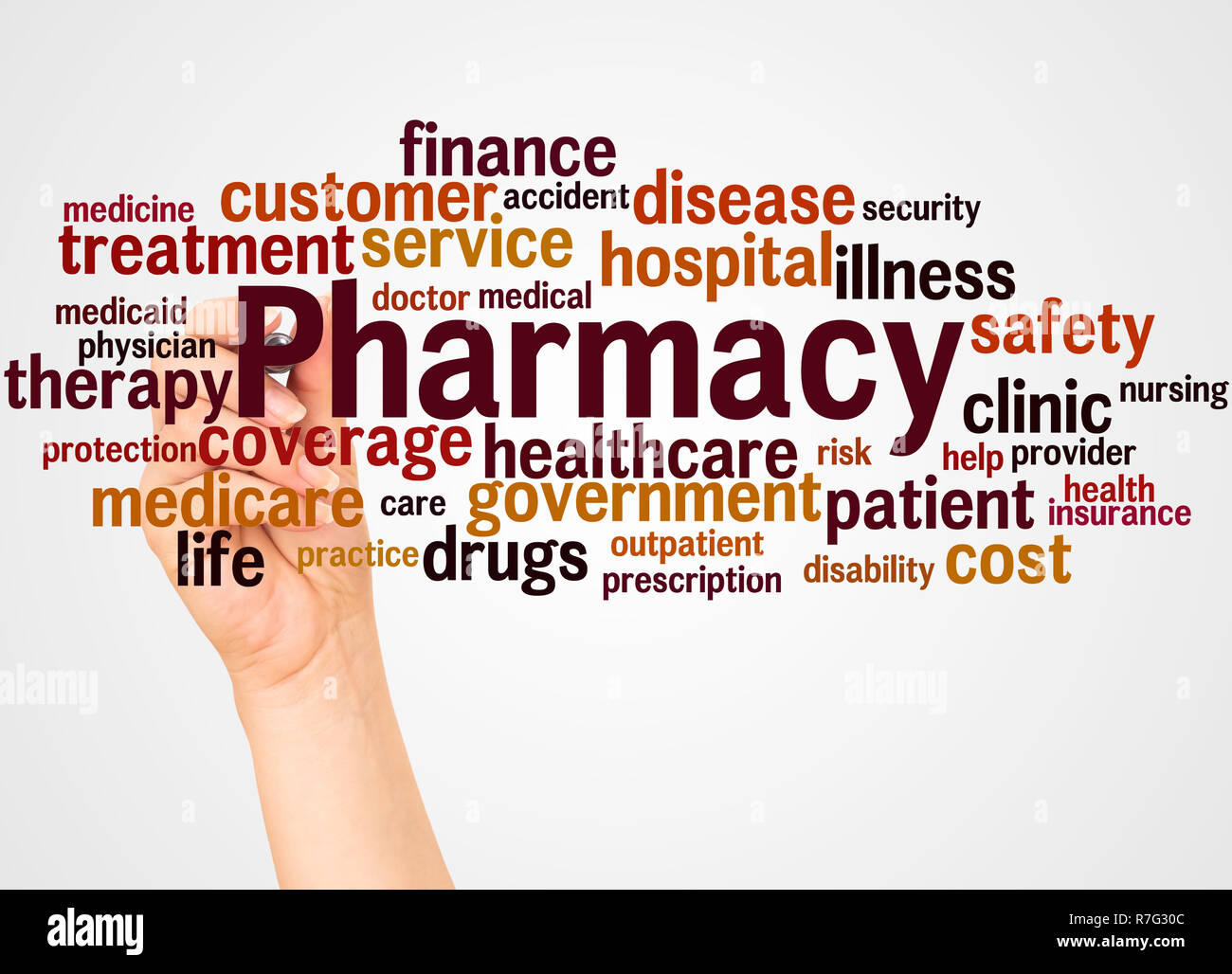 Pharmacy word cloud and hand with marker concept on white background ...