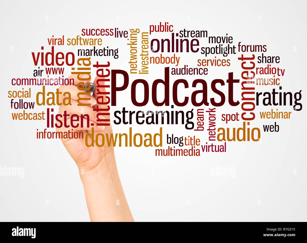 Podcast word cloud and hand with marker concept on white background ...