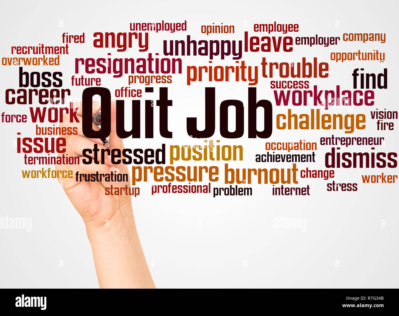 Quit Job word cloud and hand with marker concept on white background ...