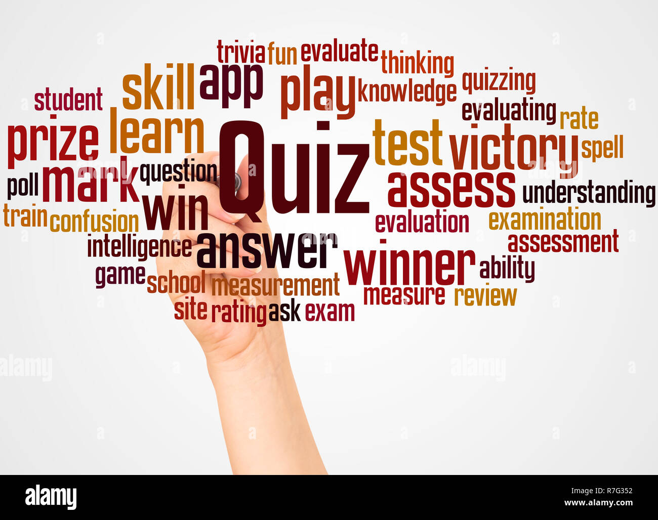 Quiz word cloud and hand with marker concept on white background Stock ...