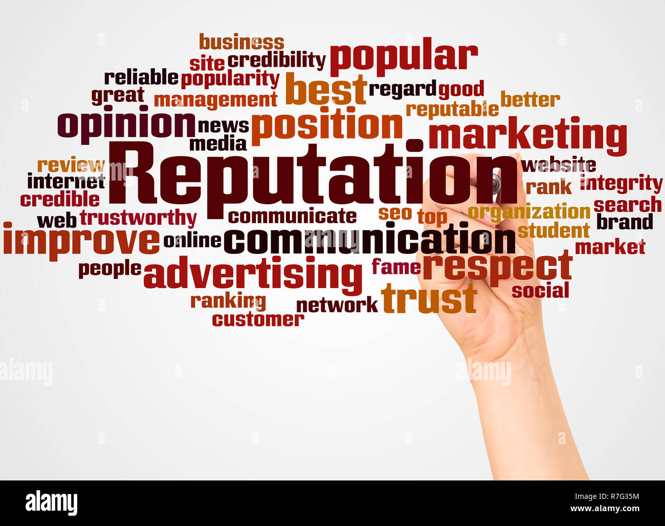 Reputation word cloud and hand with marker concept on white background ...