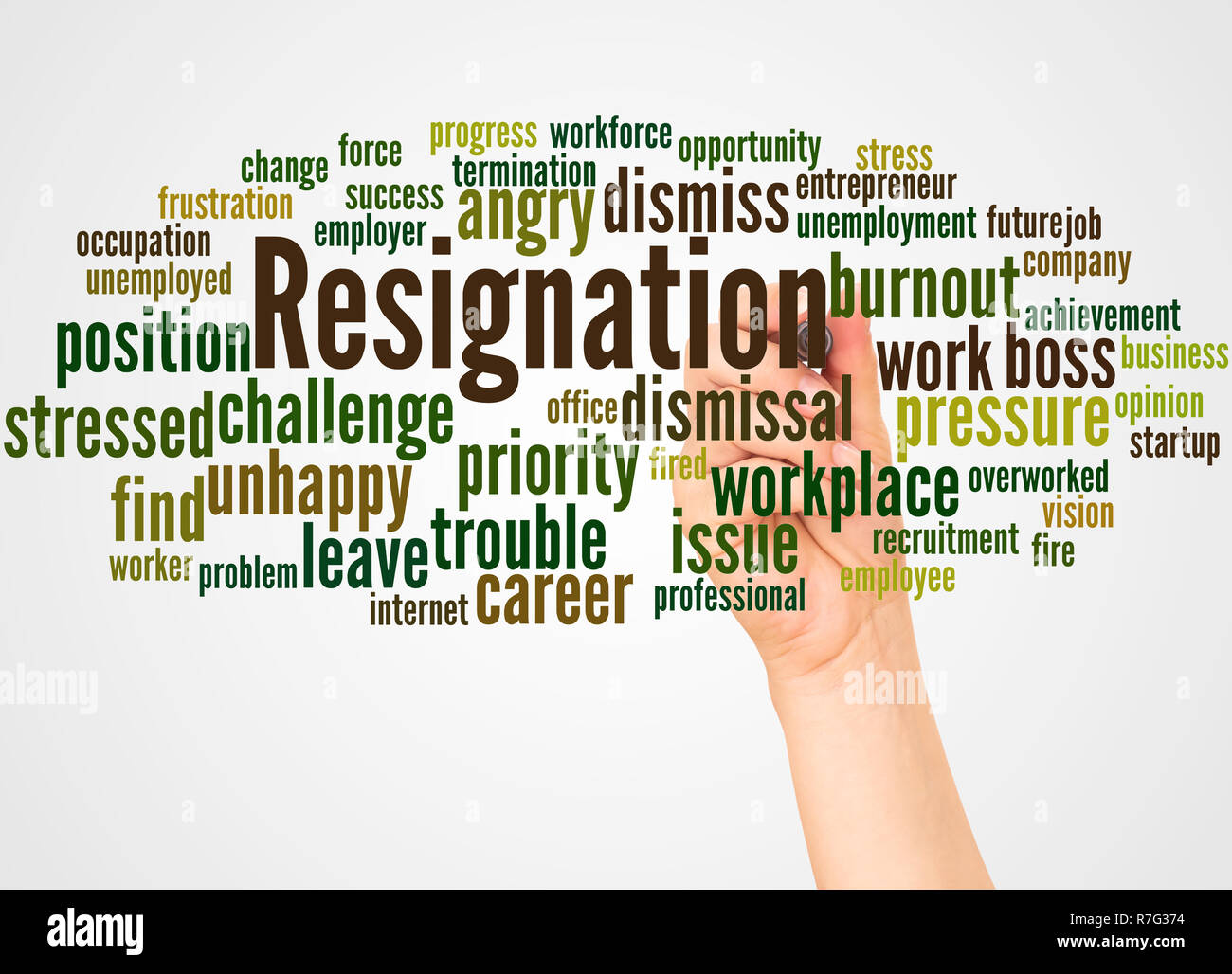 Resignation word cloud and hand with marker concept on white background ...