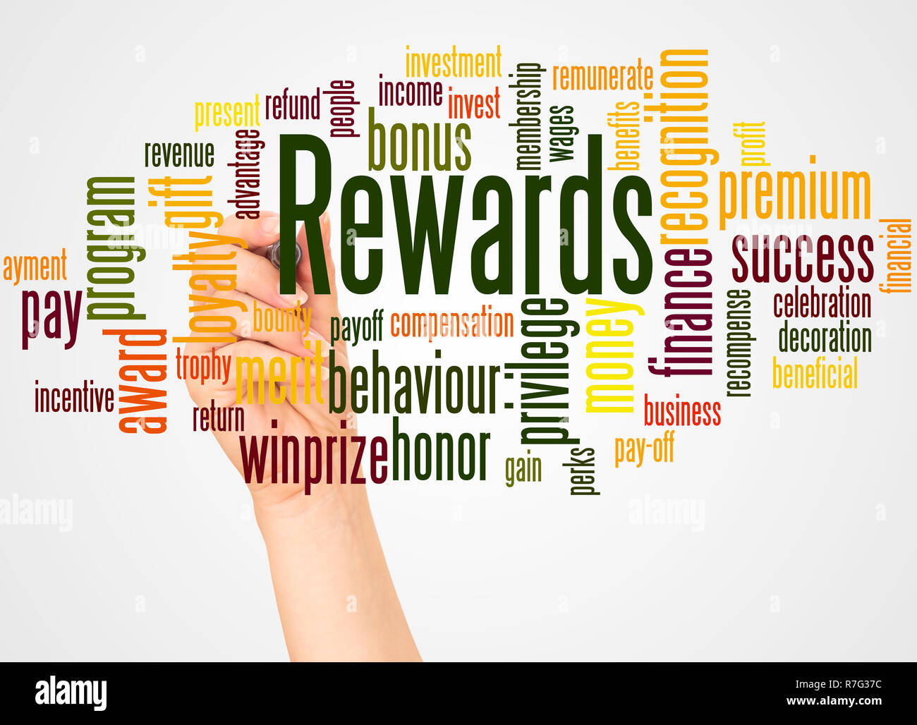 Rewards word cloud and hand with marker concept on white background ...