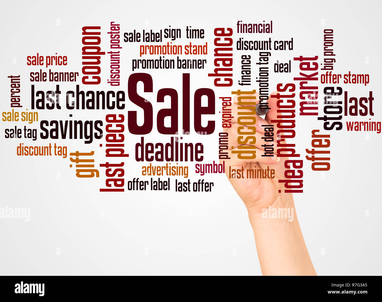 Sale, word cloud and hand with marker concept on white background Stock ...
