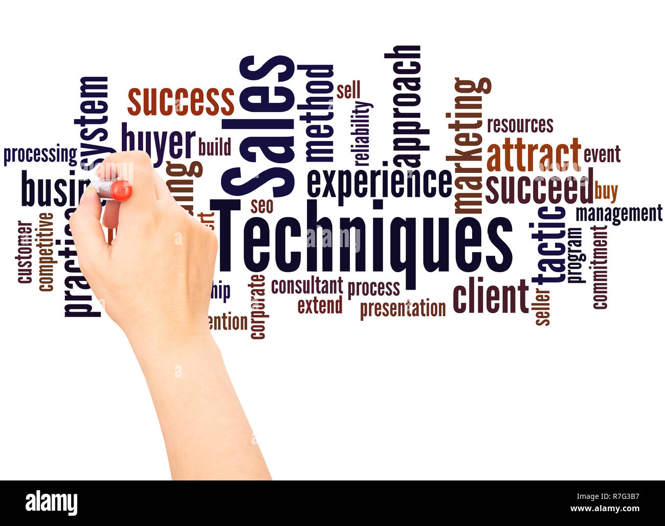 Sales Techniques word cloud hand writing concept on white background ...