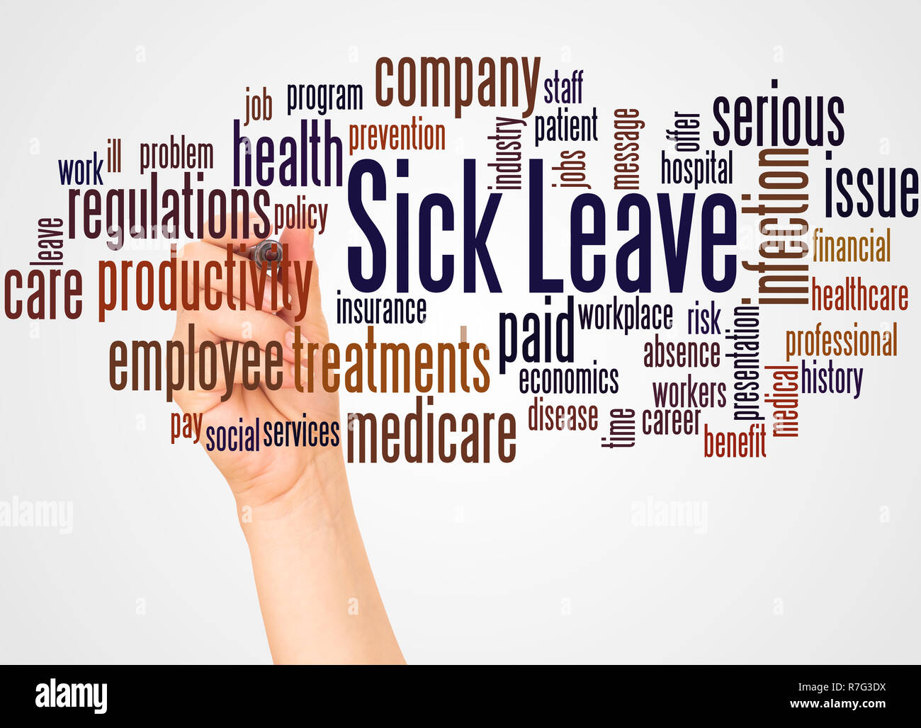 Sick leave word cloud and hand with marker concept on white background ...