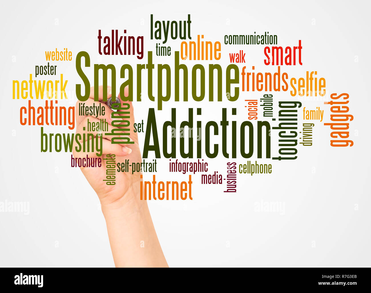 Smartphone addiction word cloud and hand with marker concept on white ...