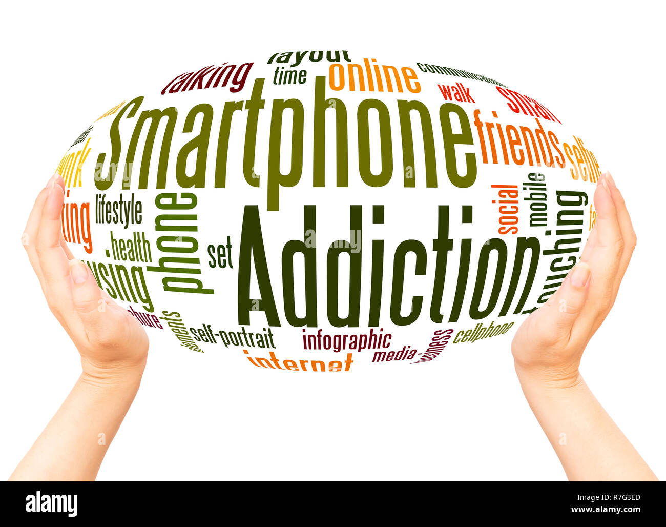 Smartphone addiction word cloud hand sphere concept on white background ...