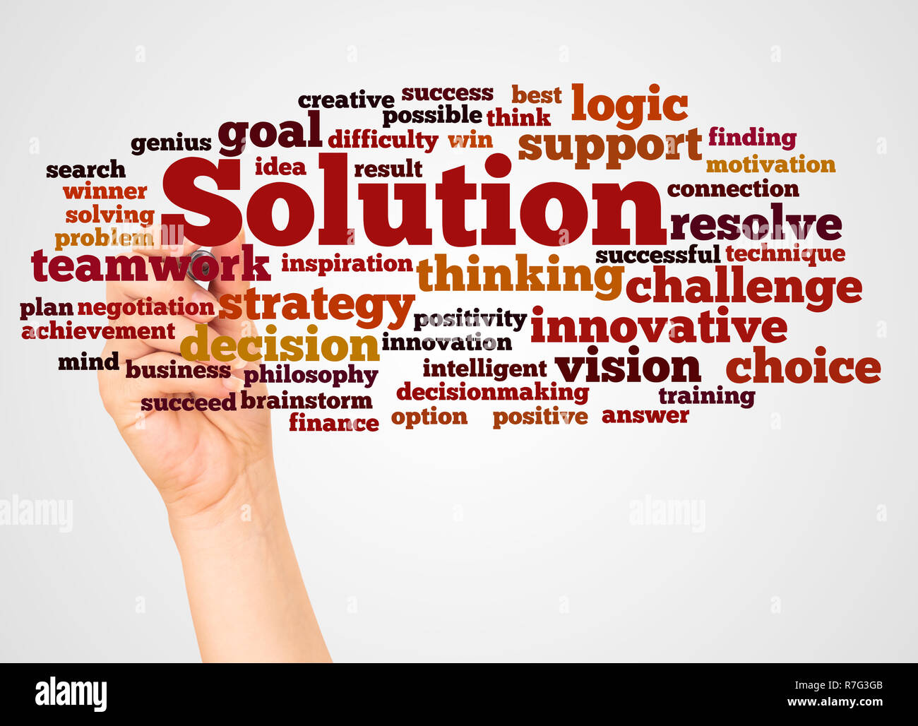 Solution word cloud and hand with marker concept on white background ...
