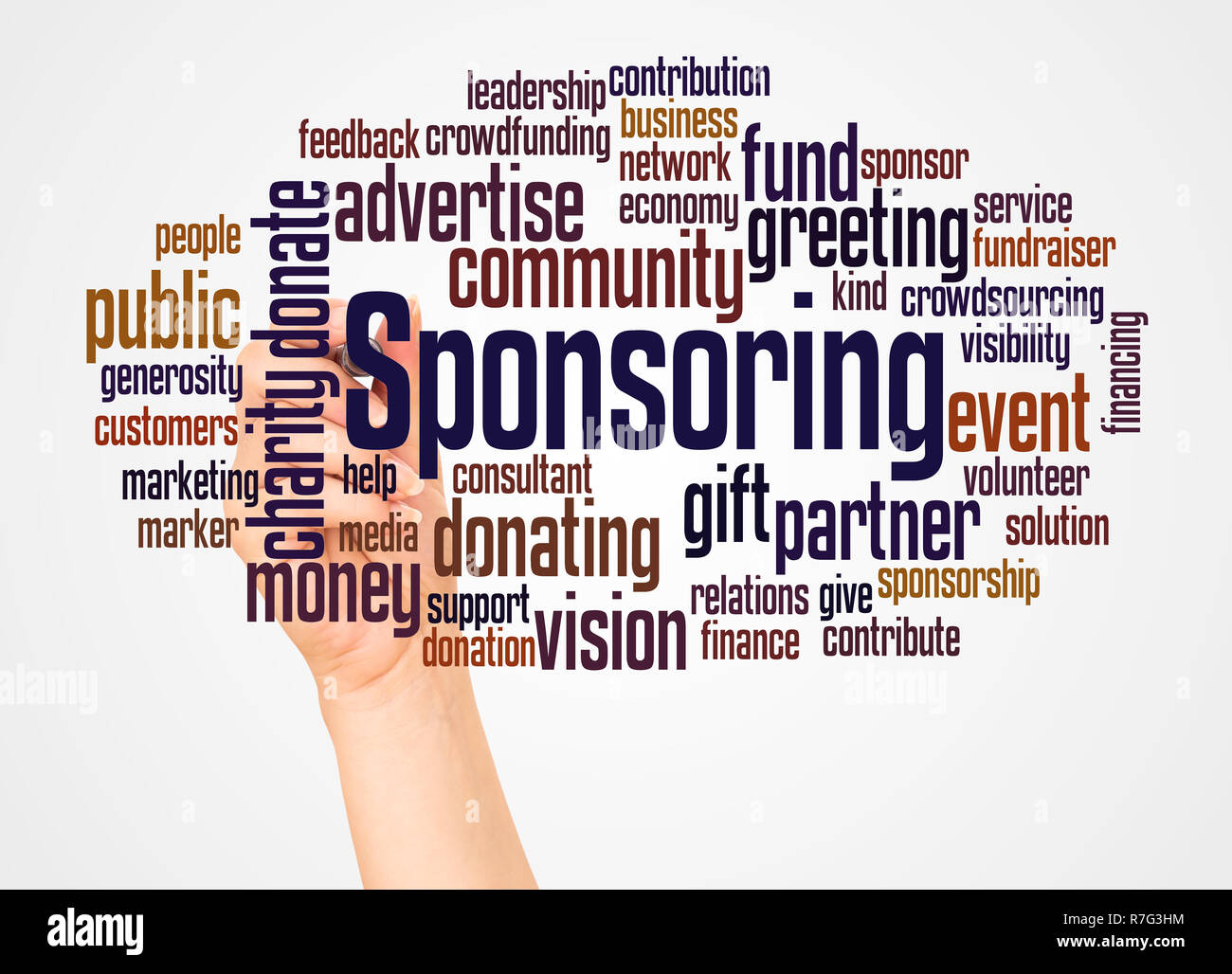 Sponsoring word cloud and hand with marker concept on white background ...